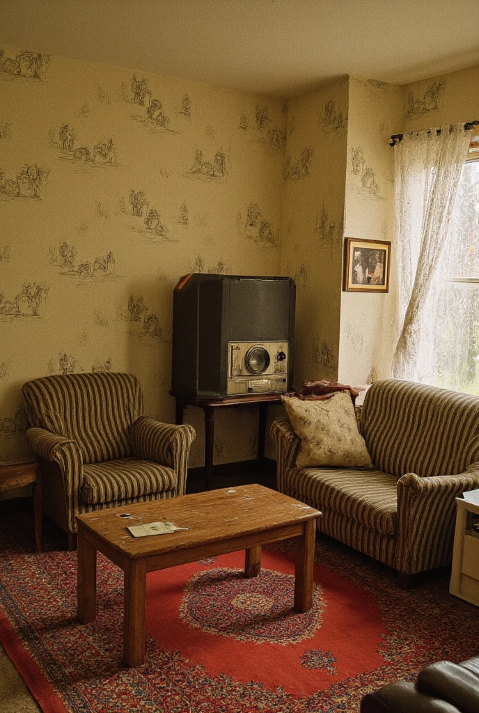 Old image: old room (60s), walls decorated with wallpaper with figures ...