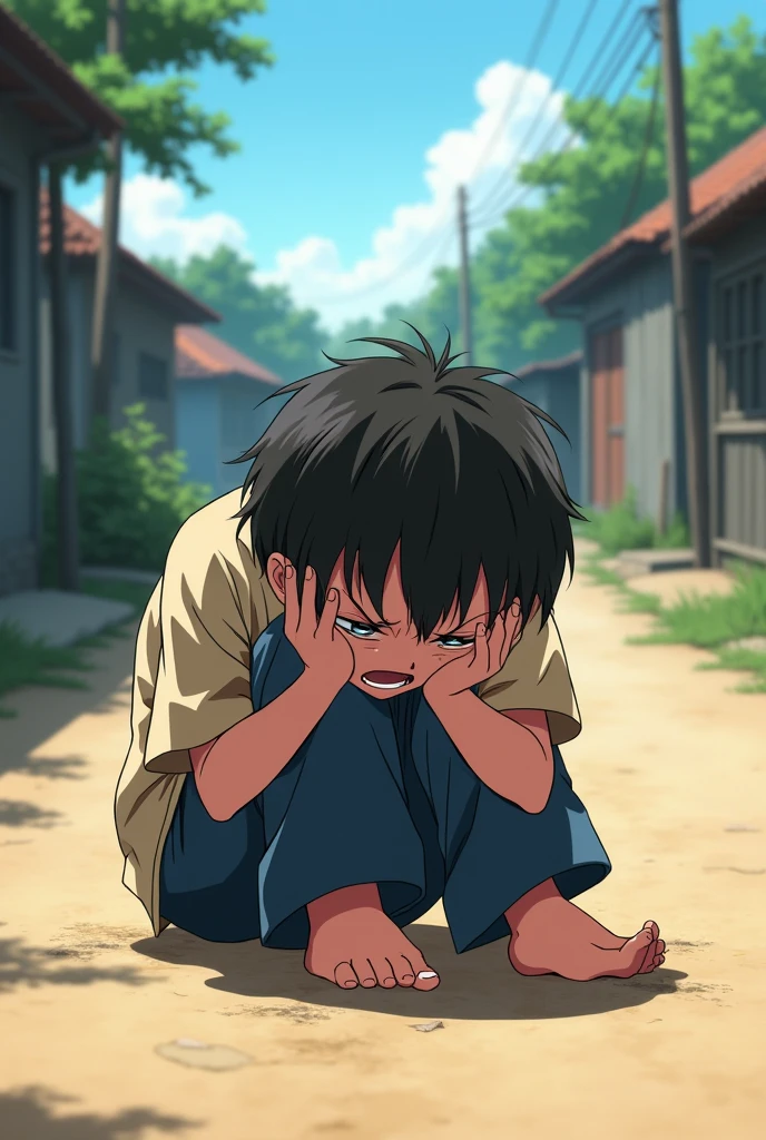 Draw in anime style the dying of fear and crying on a dirt street ...