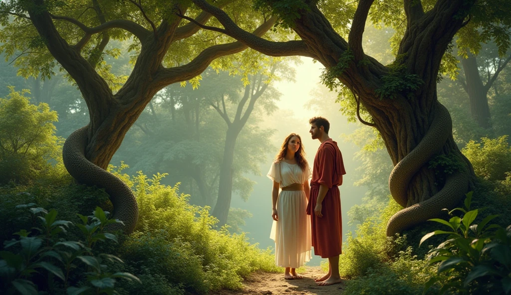 Adam and Eve in Paradise": Lush garden with Adam and Eve , with leaves ...