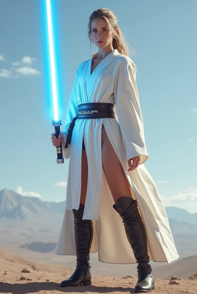 Jennifer Lawerence as a Jedi, blue lightsaber, thick_thighs, white ...