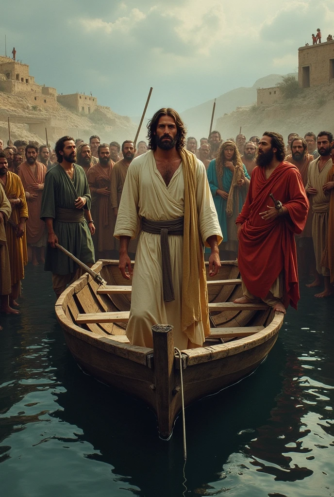 Jesus and his disciples on a boat near the village and angry people ...