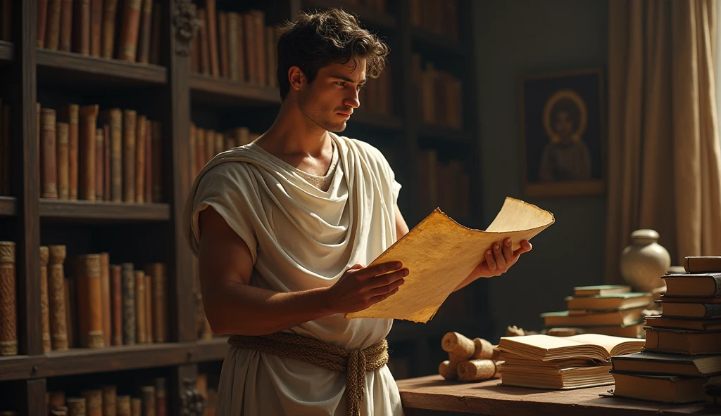 A young stoic philosopher, Aurelius, stands by a bookshelf filled with ...