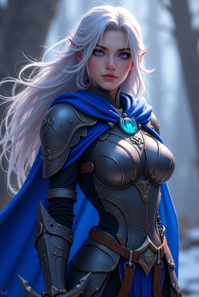 Lyra is a bold, silver-haired adventurer with striking violet eyes ...