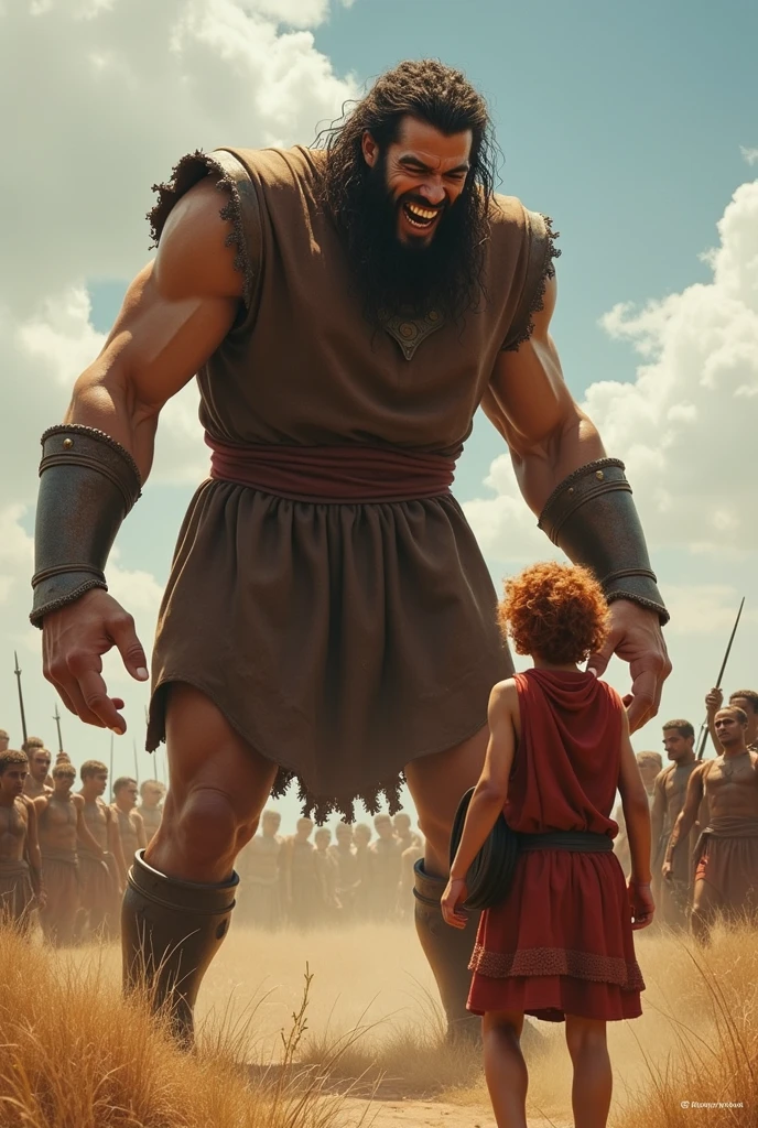 On an ancient battlefield, Goliath, an imposing and menacing giant ...