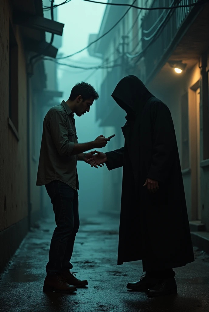 Man being stabbed in the belly by a mystery man while touching his cell ...