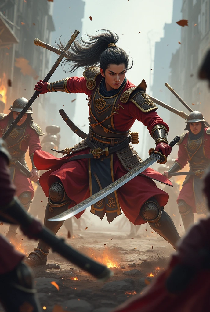 Make a Master Yi from League of Legends killing Noxian soldiers with a samurai s - SeaArt AI