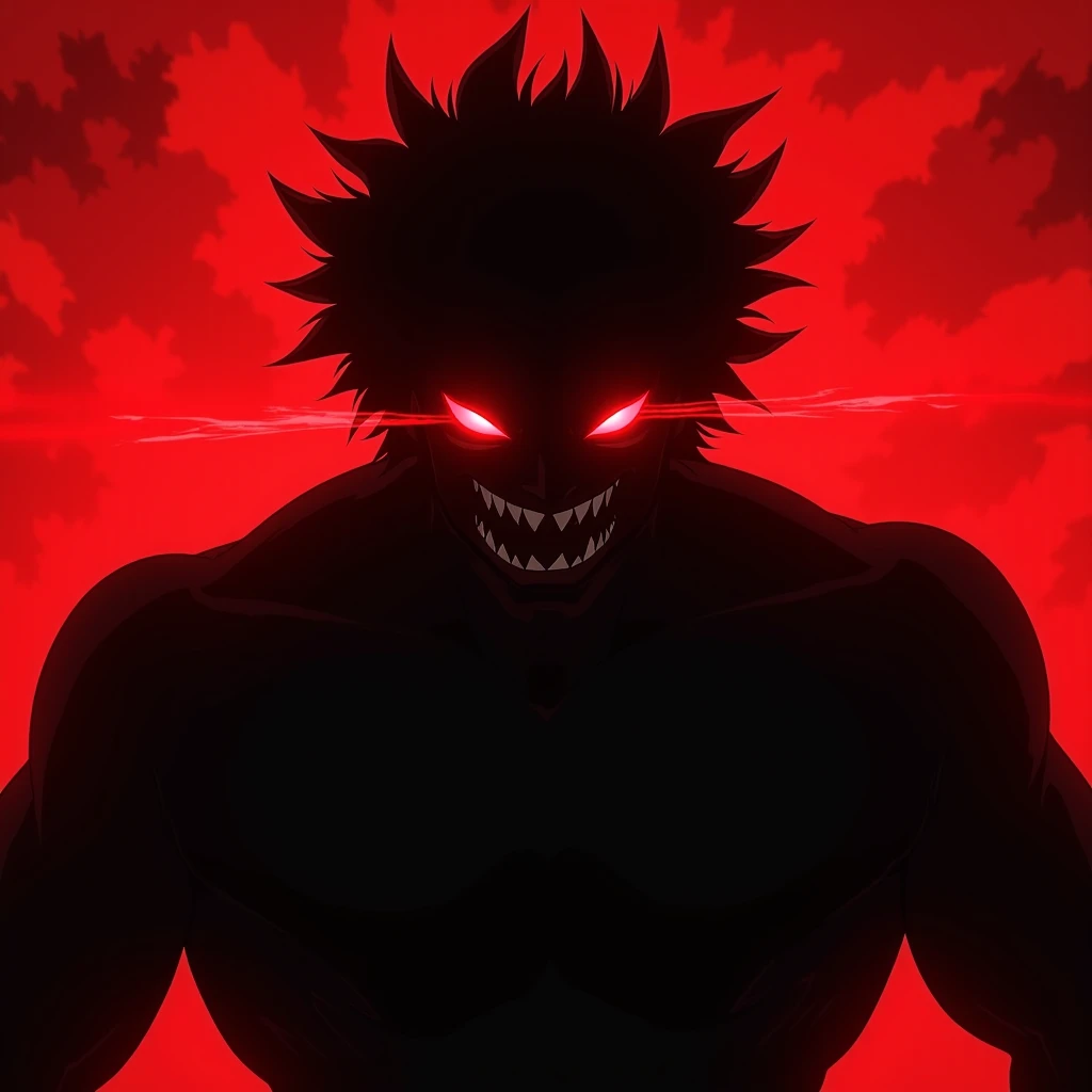 Make an anime character all black with all red eyes coming out rays ...