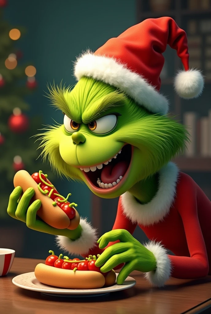 The Grinch, Wearing a Christmas hat eating a hot dog And that with the ...