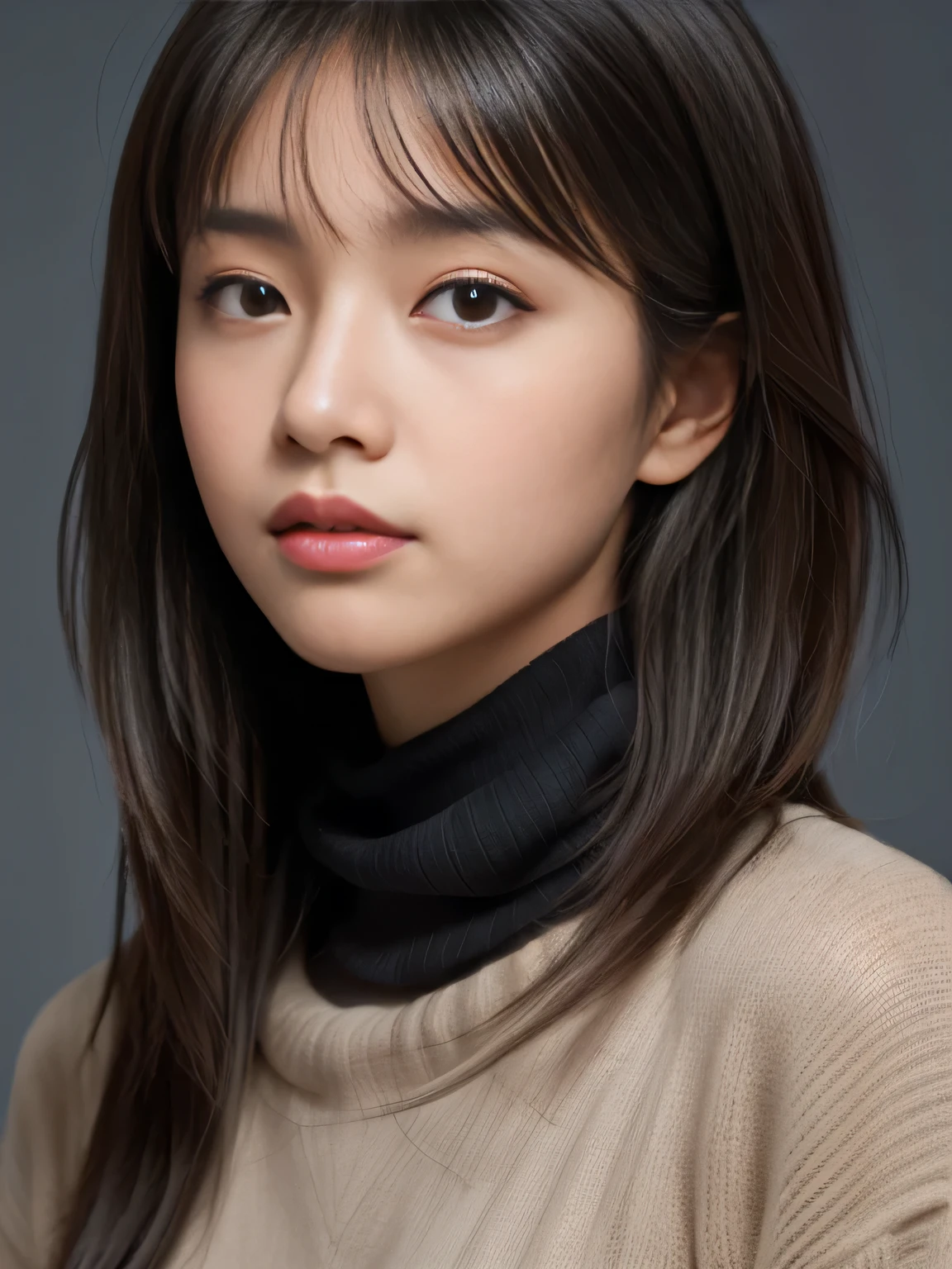 A close up of a woman with a black turtle neck sweater - SeaArt AI