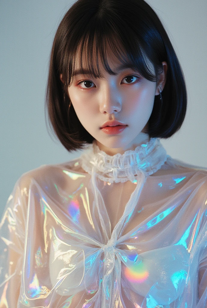 Realistic photo, transparent color PVC clothing, transparent color ...