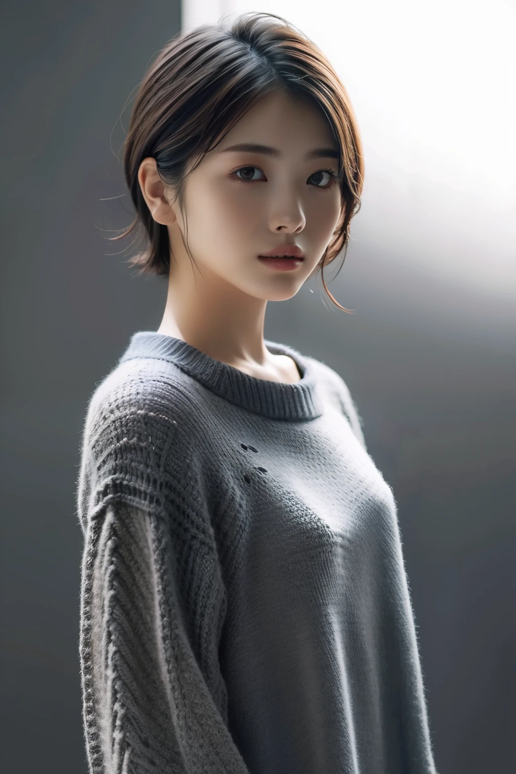 A close up of a woman wearing a sweater and posing for a picture ...