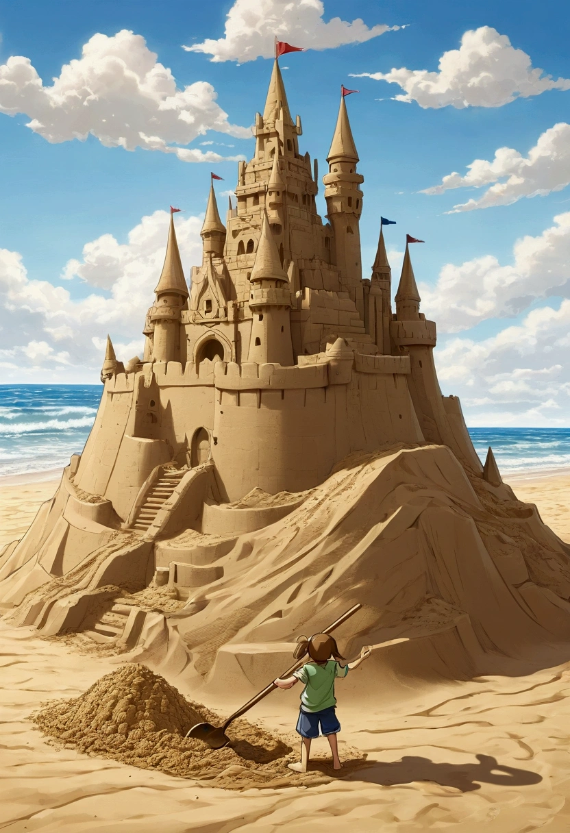 Masterpiece,anime style, Sandy beach, sand art, huge sand castle ...