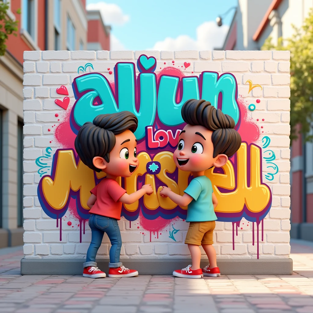 3D cartoon image of a young couple graffitiing their names on a white ...