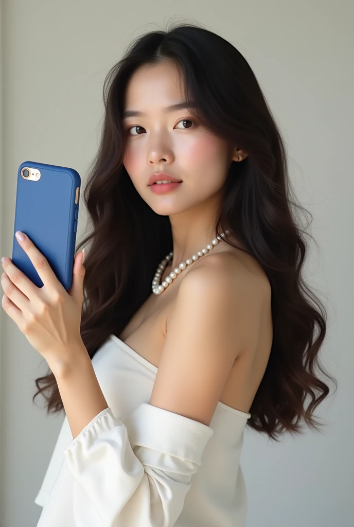 A modern and elegant selfie of a young woman with flawless, fair skin ...
