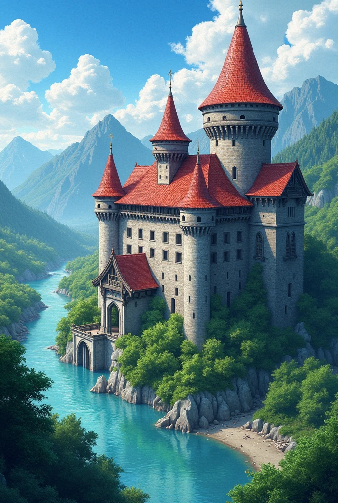(photorealism:1.2), medieval castle, red roof, river flowing - SeaArt AI
