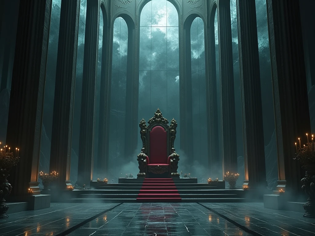 Long throne room , wide, huge, Full of mirrors , large throne in the ...