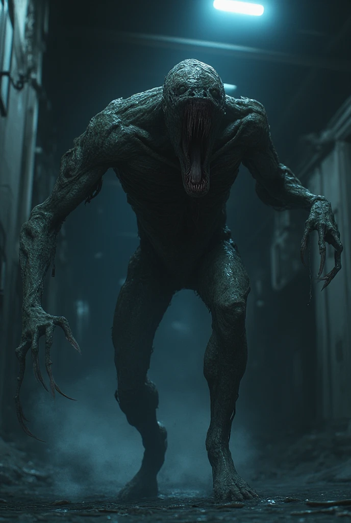A deformed humanoid approaches from the depths of a dark, it - SeaArt AI