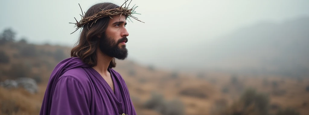 Blurred image of Jesus wearing a purple robe and a crown of thorns on ...