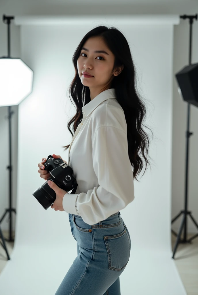 The image depicts a young woman in a photo studio, posing as if she ...