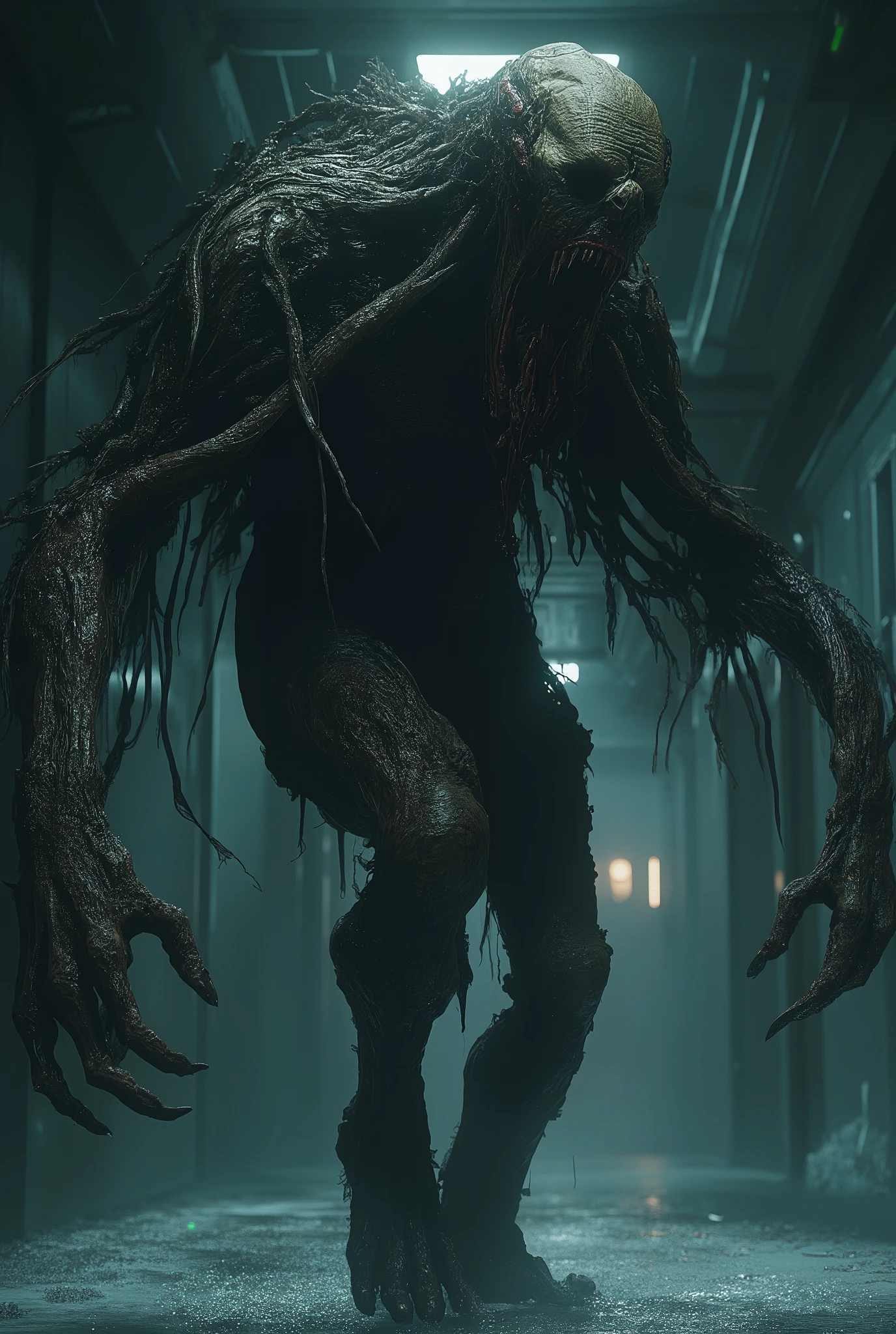 Arafed monster with long legs and a creepy face in a dark hallway ...