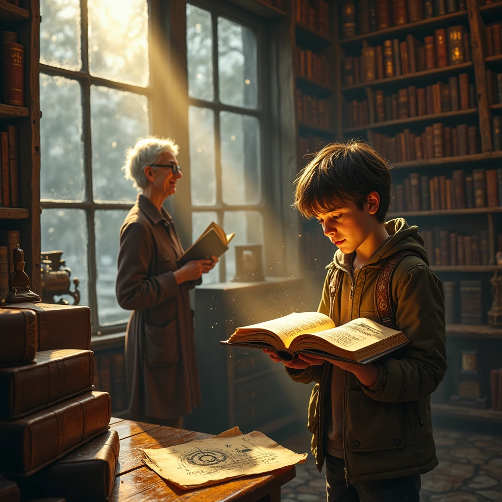 A cozy and magical scene inside an old bookstore on a rainy afternoon ...