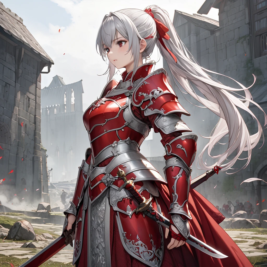 Beautiful girl wearing red armor in medieval European style、Silver hair ...