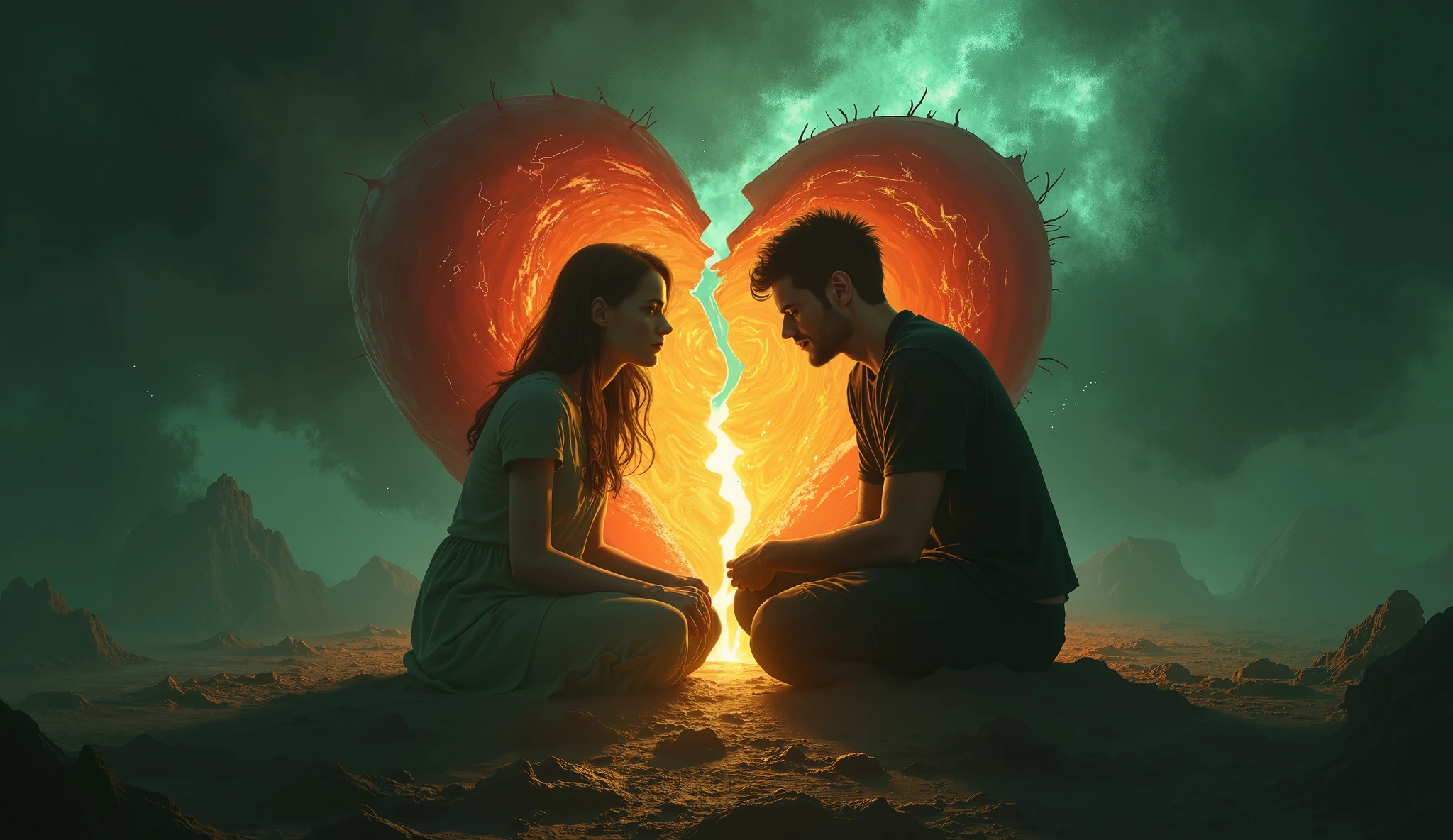 They are sitting on the sand with a broken heart in the background ...