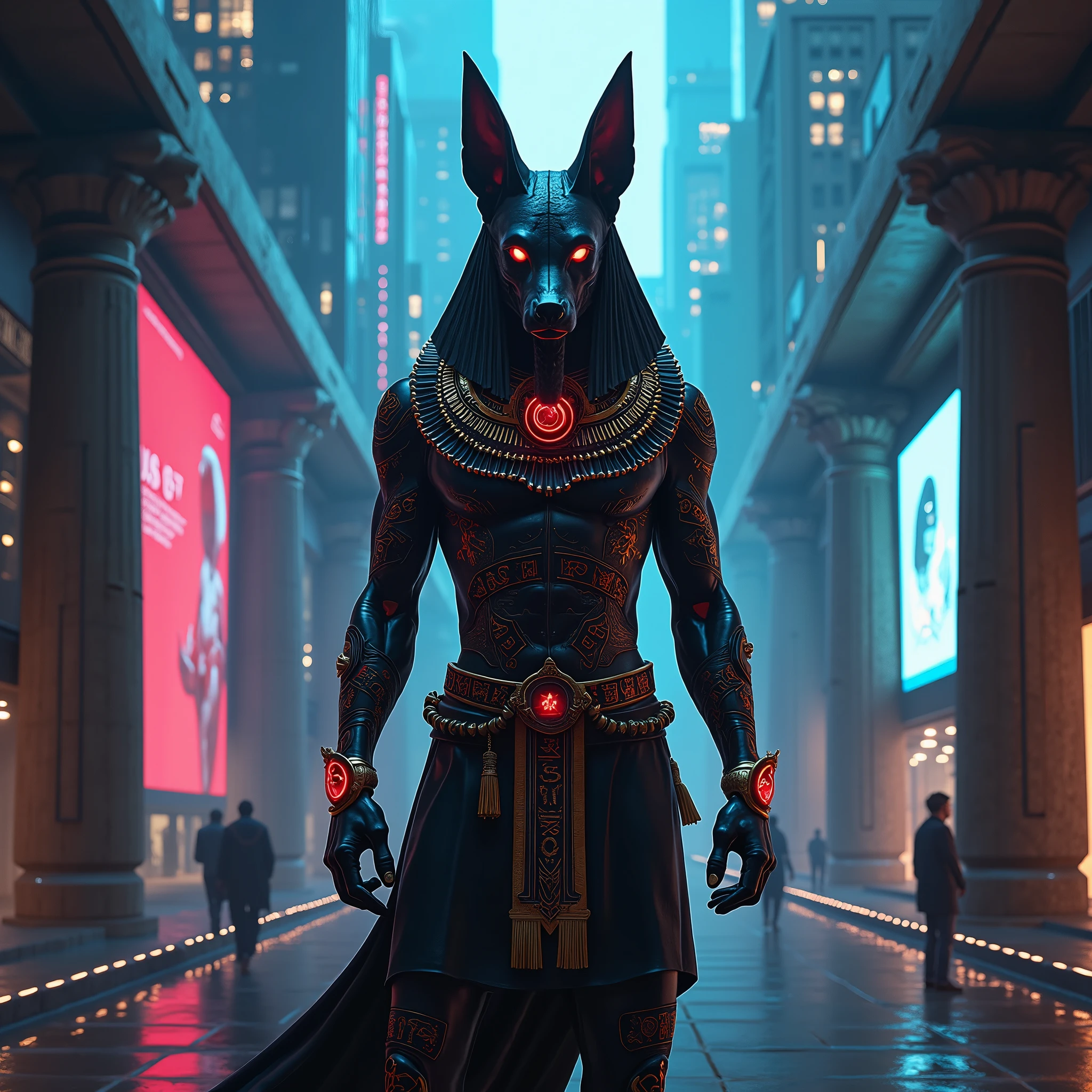 There is a man in a costume with a dog head and a red light - SeaArt AI