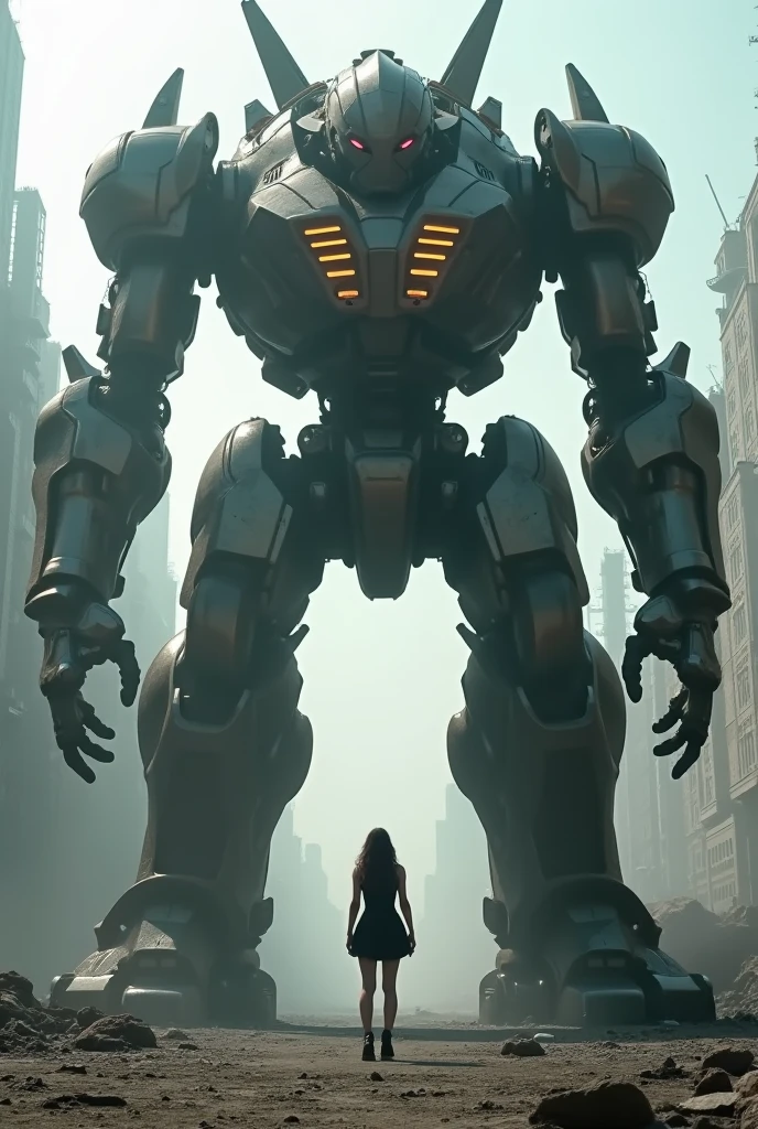 Supreme Godzilla giant robot facing tiny woman - SeaArt AI