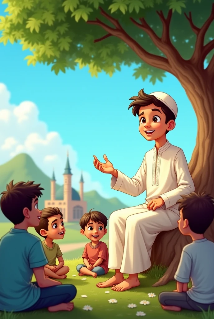 Rayhan Teaching Friends "A vibrant Islamic-themed outdoor setting ...