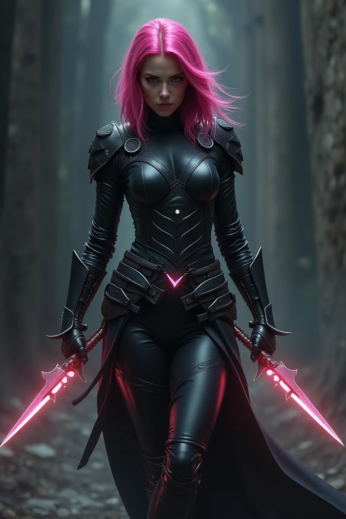 Female assassin, pink medium long hair, lether armor, psysic daggers ...