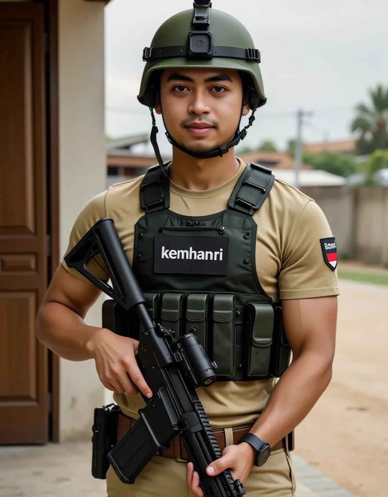 A full-body view of an Indonesian special forces soldier wearing a ...