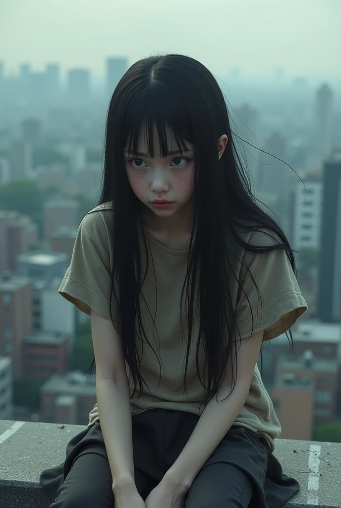 Realistic like a photo, Teen girl with depression sitting on edge of ...
