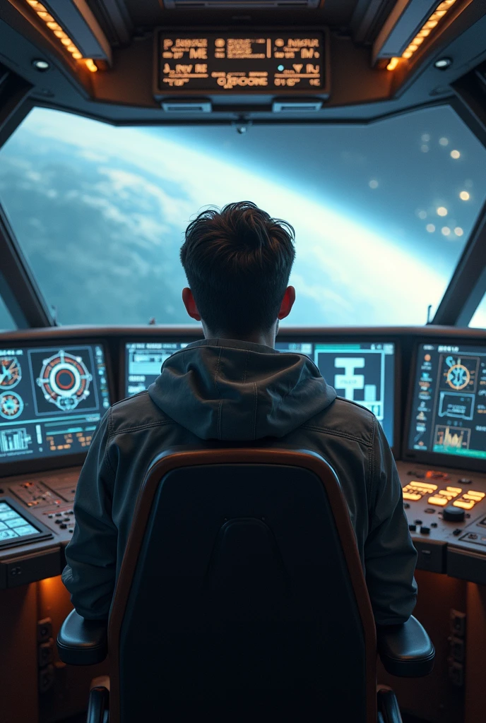 The back of a college boy appears in the cab of a high-tech ship ...