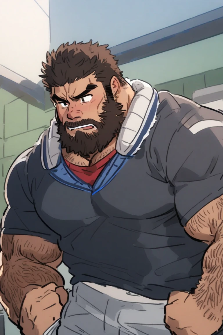 Rugged bodybuilder hairy college athlete wearing a letterman jacket ...