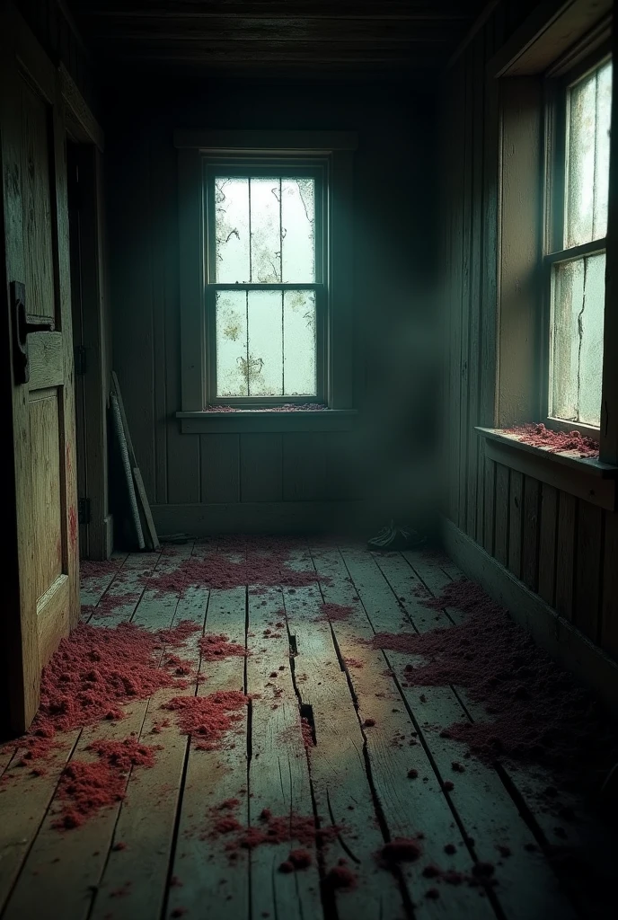 An old, decayed interior of a cabin, wooden floors covered in dust and ...