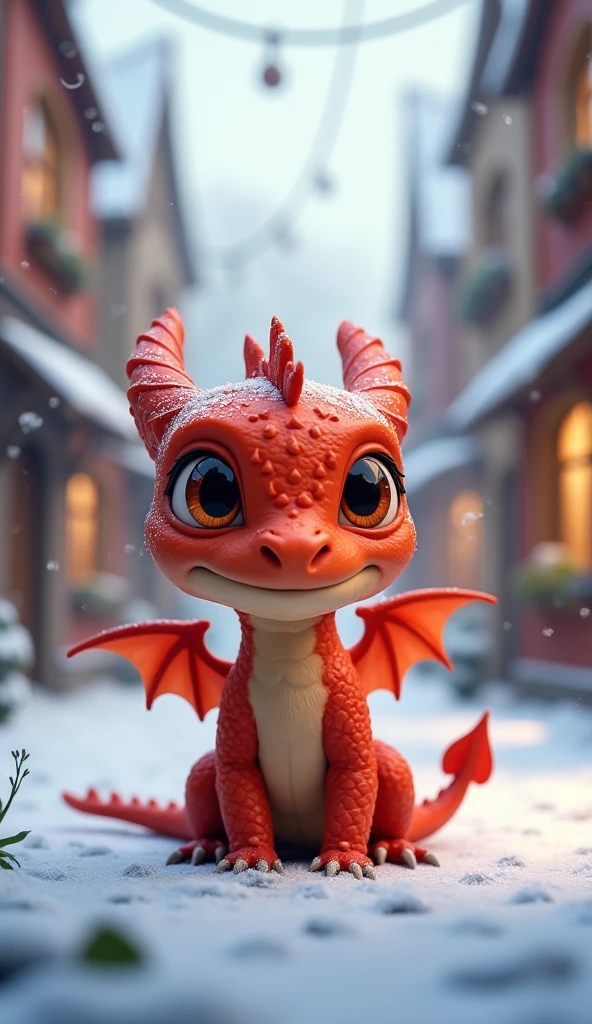 A small and cute red dragon walking through a snowy city - SeaArt AI