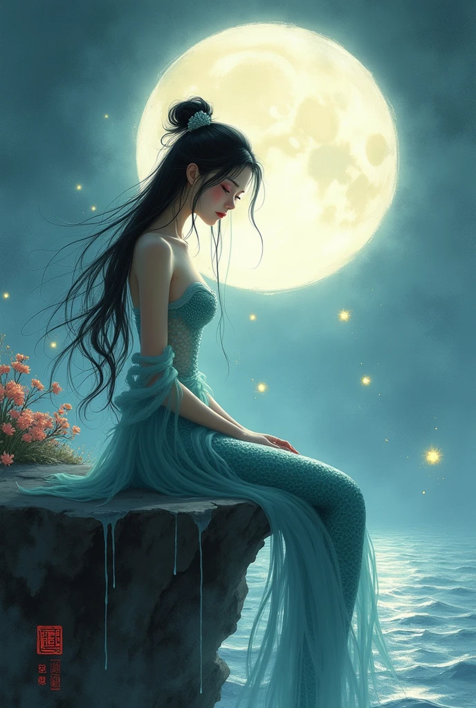 A traditional Chinese ink painting style, a beautiful mermaid princess ...