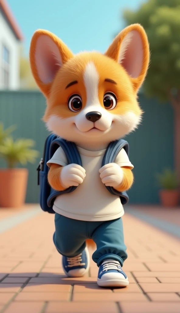 A brown corgi puppy going to school 。The puppy has an uneasy expression ...