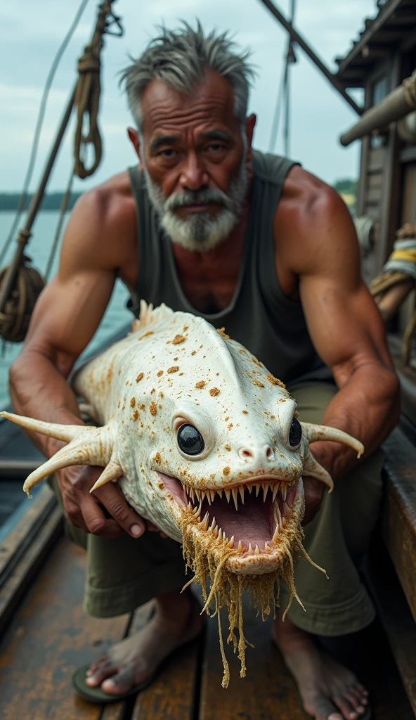 Realistic photo from the front to the side, a male Javanese fisherman ...