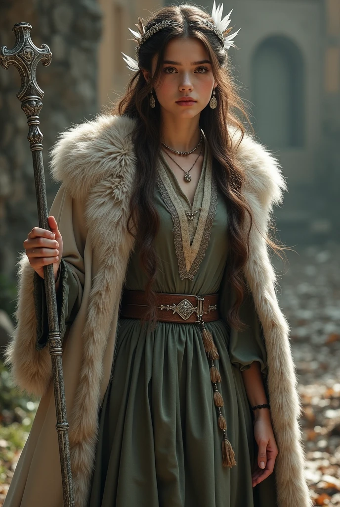 Girl 18 years old dressed in an ermine coat , pants and medieval tunic ...