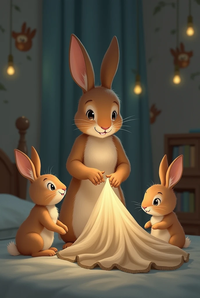 One night, the mother rabbit is arranging the blanket on the bed and ...