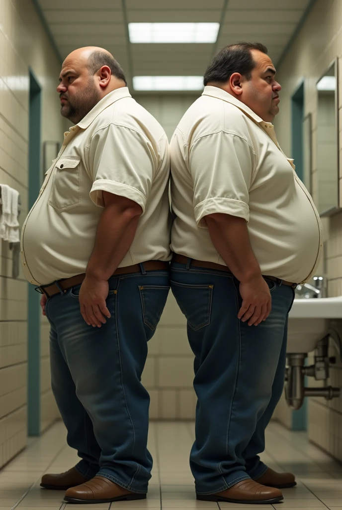 There are 2 fat men in the bathroom 、standing with each other - SeaArt AI