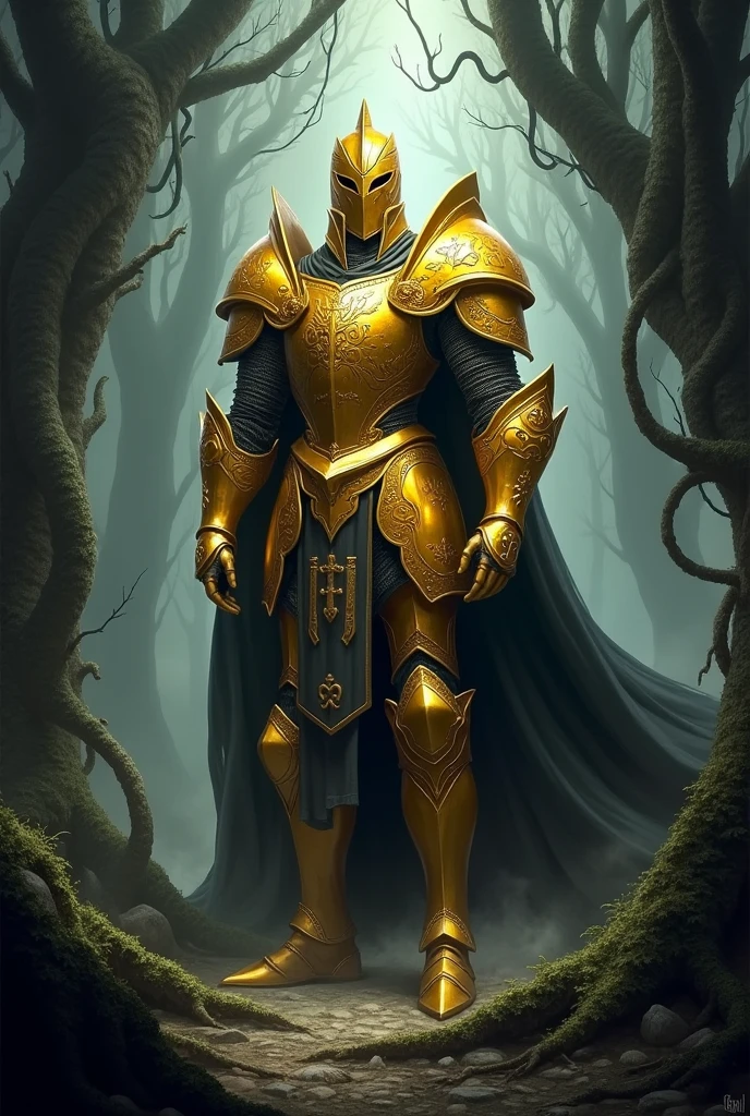 Dark fantasy style knight with gold armor, in a dark forest - SeaArt AI