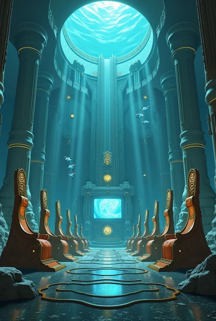 Generate a 2d image of an underwater alien palace with 7 large thrones ...