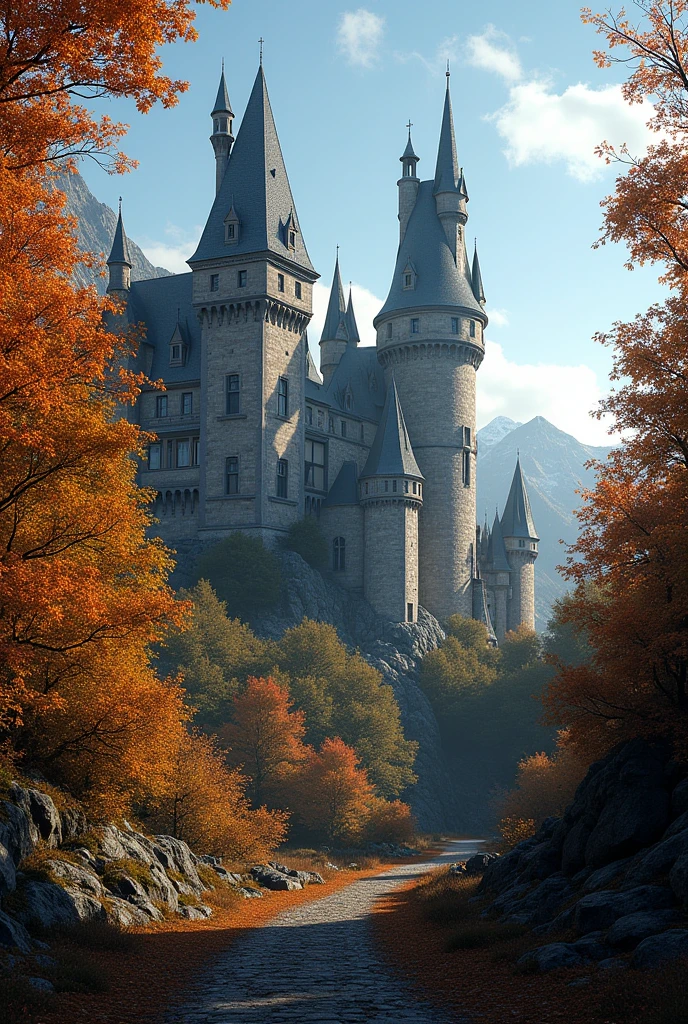 "A stone castle with pointed spires, nestled in a dense forest of ...