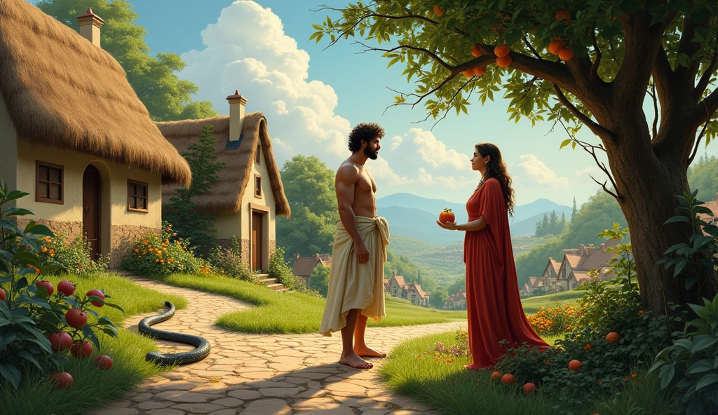 Adam and eve eating the forbidding fruit with serpent in the village ...