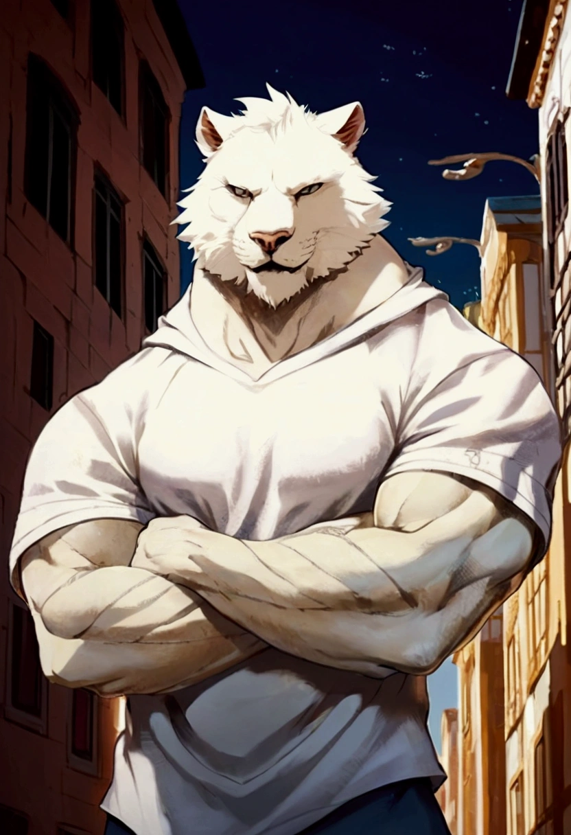 Large muscular alpha male, anthro feline male, wearing a white hooded ...