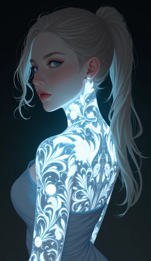 An alabaster Valkyrie with bioluminescent tattoos of bio ink - SeaArt AI
