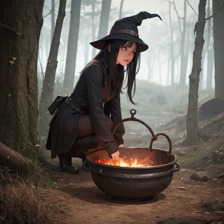 Undead wounded witch is boiled in a huge cauldron, blood, horror ...